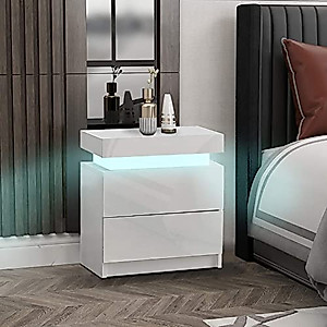 CLIPOP Modern Nightstand, LED Night Stand with 2 High Gloss Chest of Drawers, Bedside Table Cabinet with Remote Control Light, Wood Matte Nightstand 20.6" Tall Bedroom Furniture, White