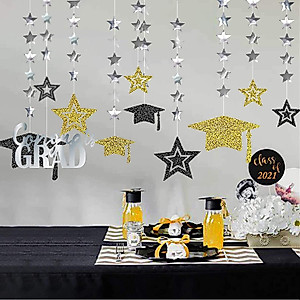 Cheerland Gold Silver Black Graduation Party Decoration Kit Black Cap Decor Shiny Congrats Grad Banner Star Hat Garland Streamer Banner Backdrop Photo Booth Background for Ceiling Home Classroom