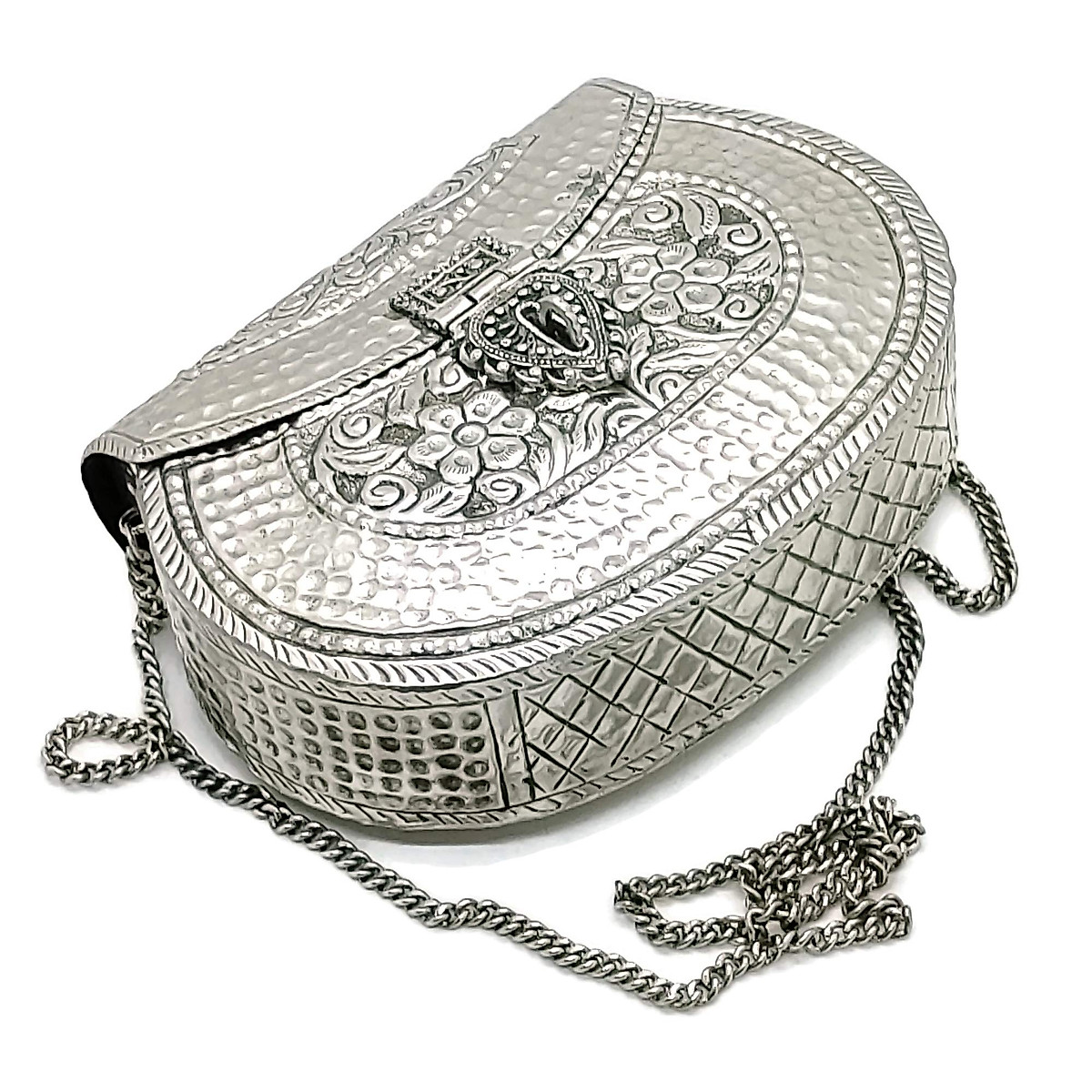 Jiya Indian Brass Handmade Bridal Women's Antique Brass Purse Ethnic Metal Clutch Gift (Silver)