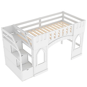 Linique Twin Size Loft Bed with Storage Staircase and 2 Window,Castle Playful Design Twin Loft Bed Frame with Space for Fun,White
