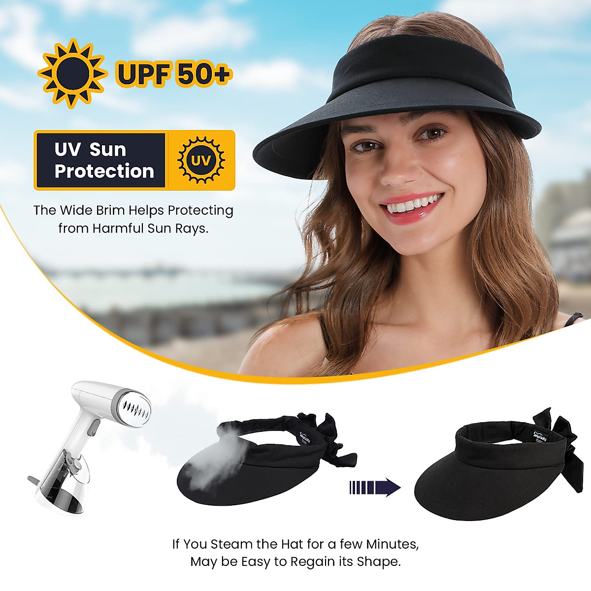 Simplicity Black Visor Women UPF 50+ UV Protection Sun Hat Womens Wide Brim Beach Hats for Women Sun Hat,Black
