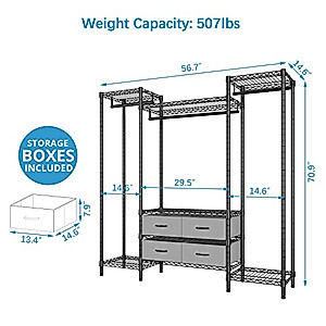 VIPEK V20 Wire Garment Rack Heavy Duty Clothes Rack, Metal Clothing Rack with 6 Shelves, 3 Hang Rods & 4 Fabric Drawers, Compact Freestanding Closet Wardrobe, 56.7" L x 14.6" W x 70.9" H, Black
