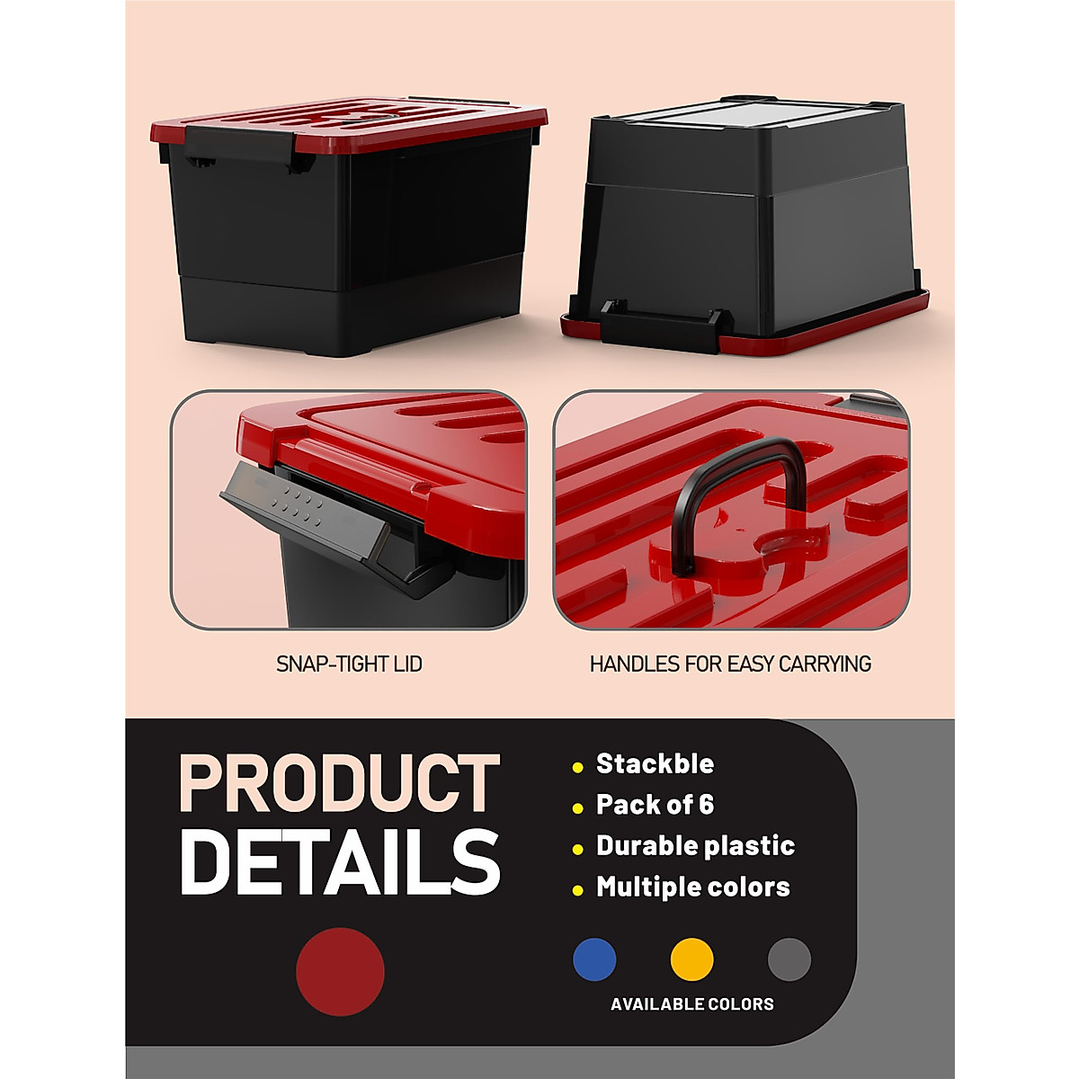 WYT 17 Quart Stackable Plastic Storage Bins with Red Lids, 4 Pack Black Containers with Latching Buckles and Handle, Durable Nestable Boxes Organizing for Closet, Garage, Tool Room