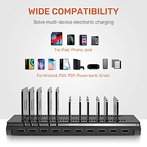 Alxum 10 Port USB Charging Station, 60W Mobile Charging Station with Multi-Port USB Fast Charger Stand for Mobile Phone, Tablet and More,Black