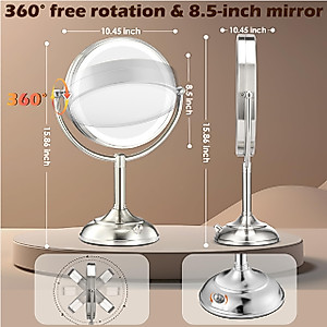 VESAUR 8.5" Large Tall Lighted Makeup Mirror, 1X/10X Magnifying Vanity Mirror with 3 Color Lights, 48 LEDs Adjust Brightness(0-1200Lux), Senior Pearl Nickel Swivel Cosmetic Mirror, Dual Power Supply