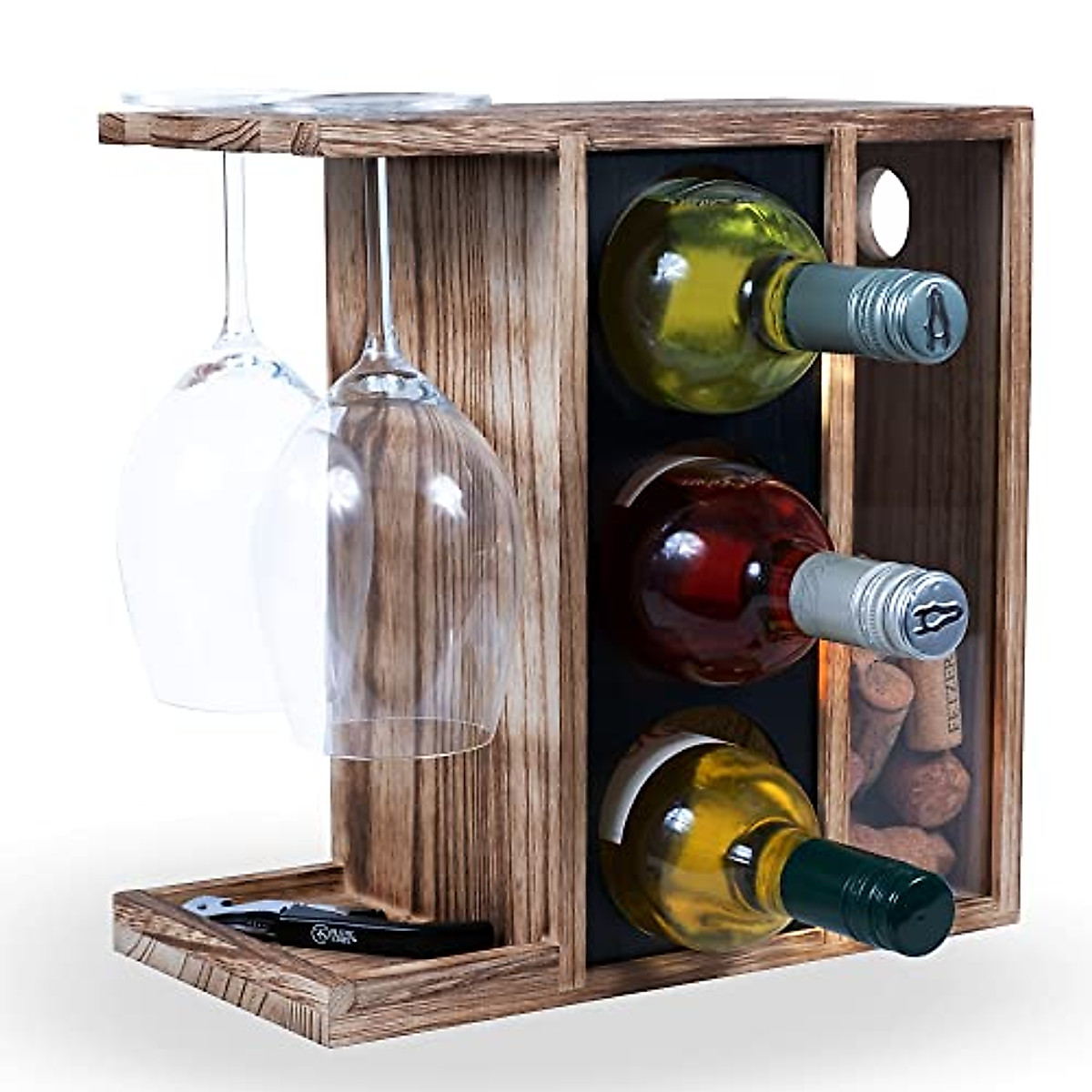 Rustic State Rias Countertop Wine Rack with Cork Opener - 3 Bottle 2 Stemware Glass Holder with Cork Storage Unit - Freestanding Wood Tabletop Display - Home Bar Décor - Burnt Brown