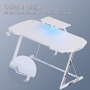MOTPK White Gaming Desk with LED Lights, Gaming Table Desk 47 inch Z Shaped, Gamer Desk Ergonomic Sturdy, Kids Computer Desk with Monitor Stand Cup Holder and Headphone Hook, Black, Gift Idea