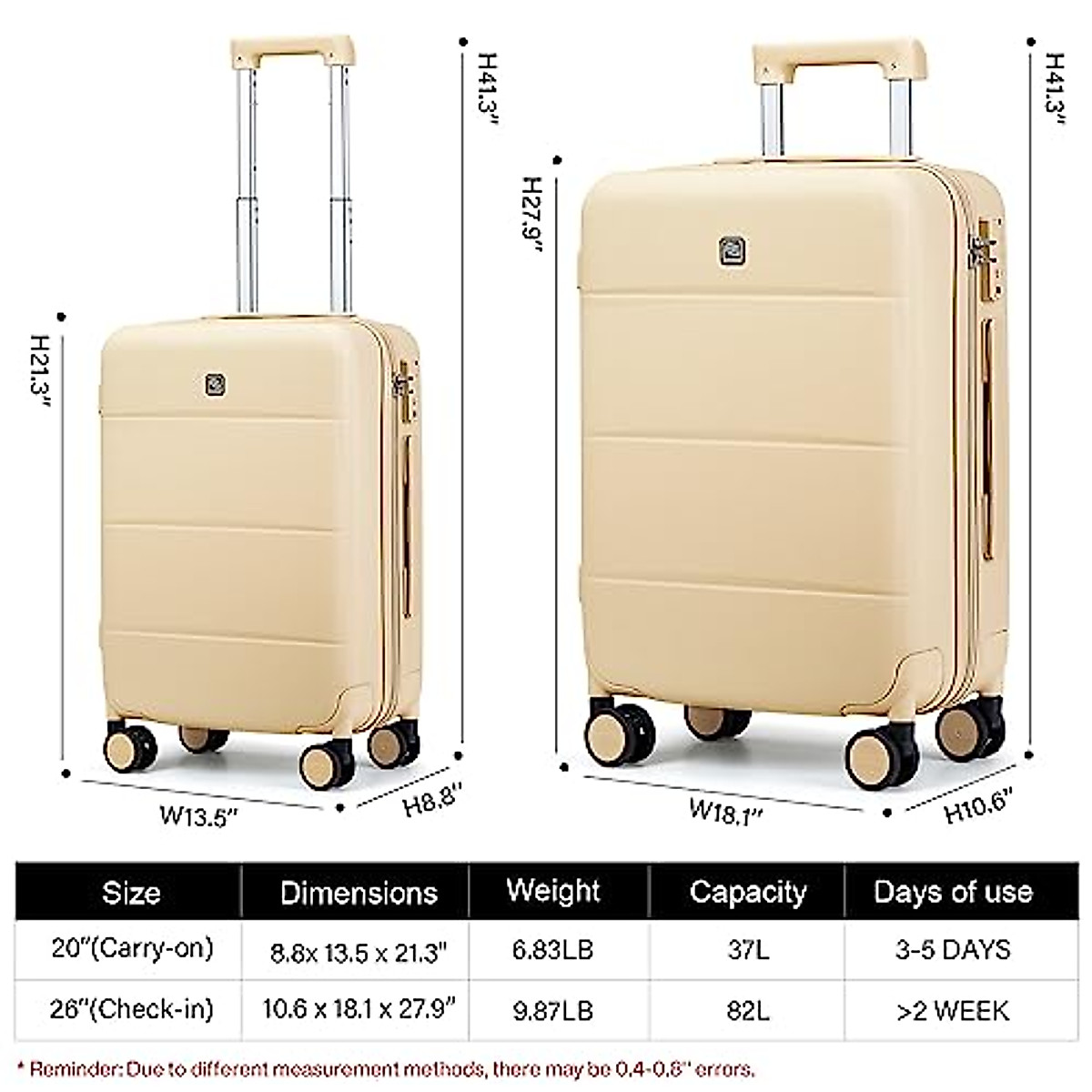Hanke Hard Shell Luggage Sets 2 piece Large Suitcase Traveler's Choice Tsa Luggage Hard Shell Suitcases Checked Luggage With Spinner Wheels 20/26 inch (Cuba Sand)