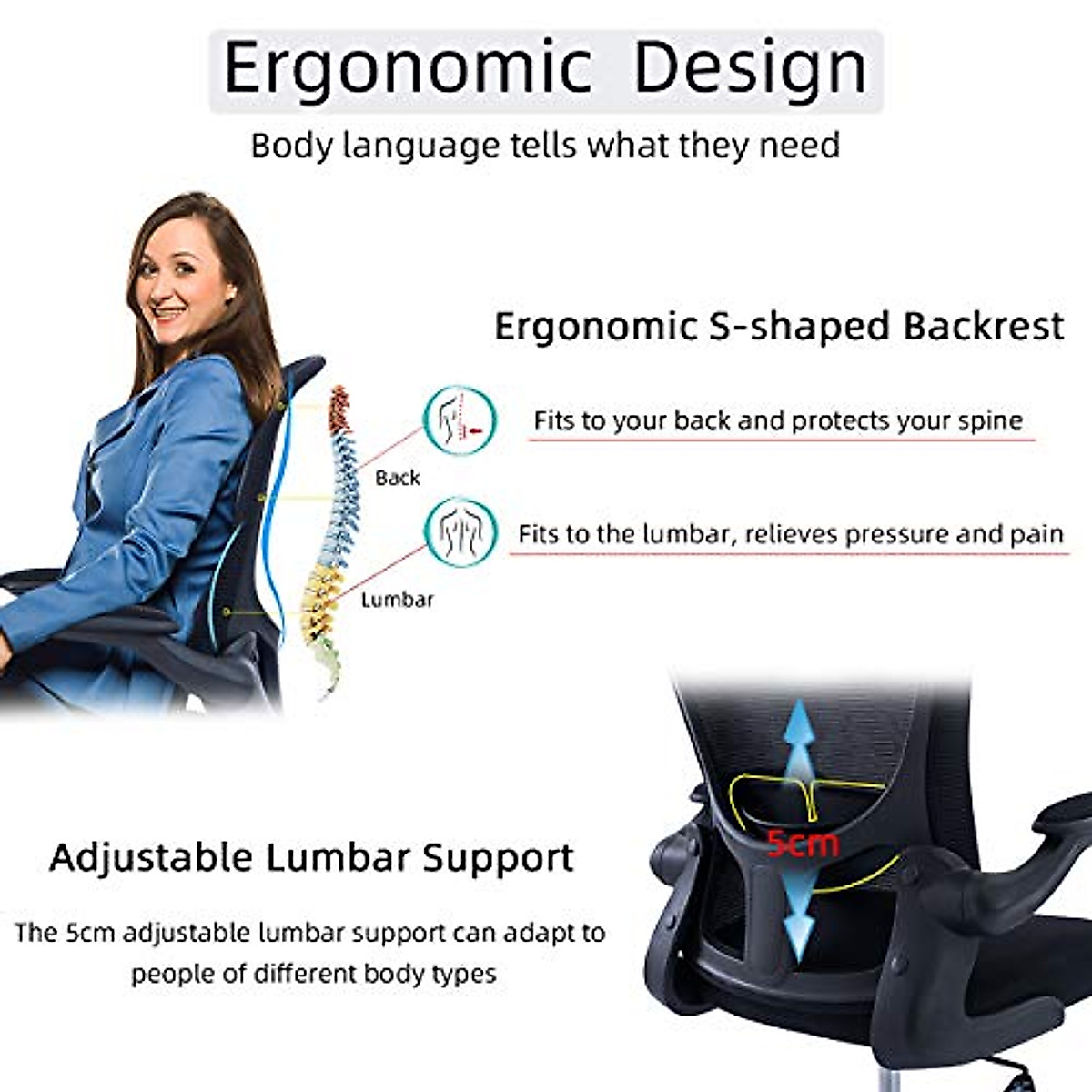 Sytas Office Chair Ergonomic Desk Chair Computer Task Mesh Chair with Flip-up Arms Lumbar Support and Adjustable Height, Black