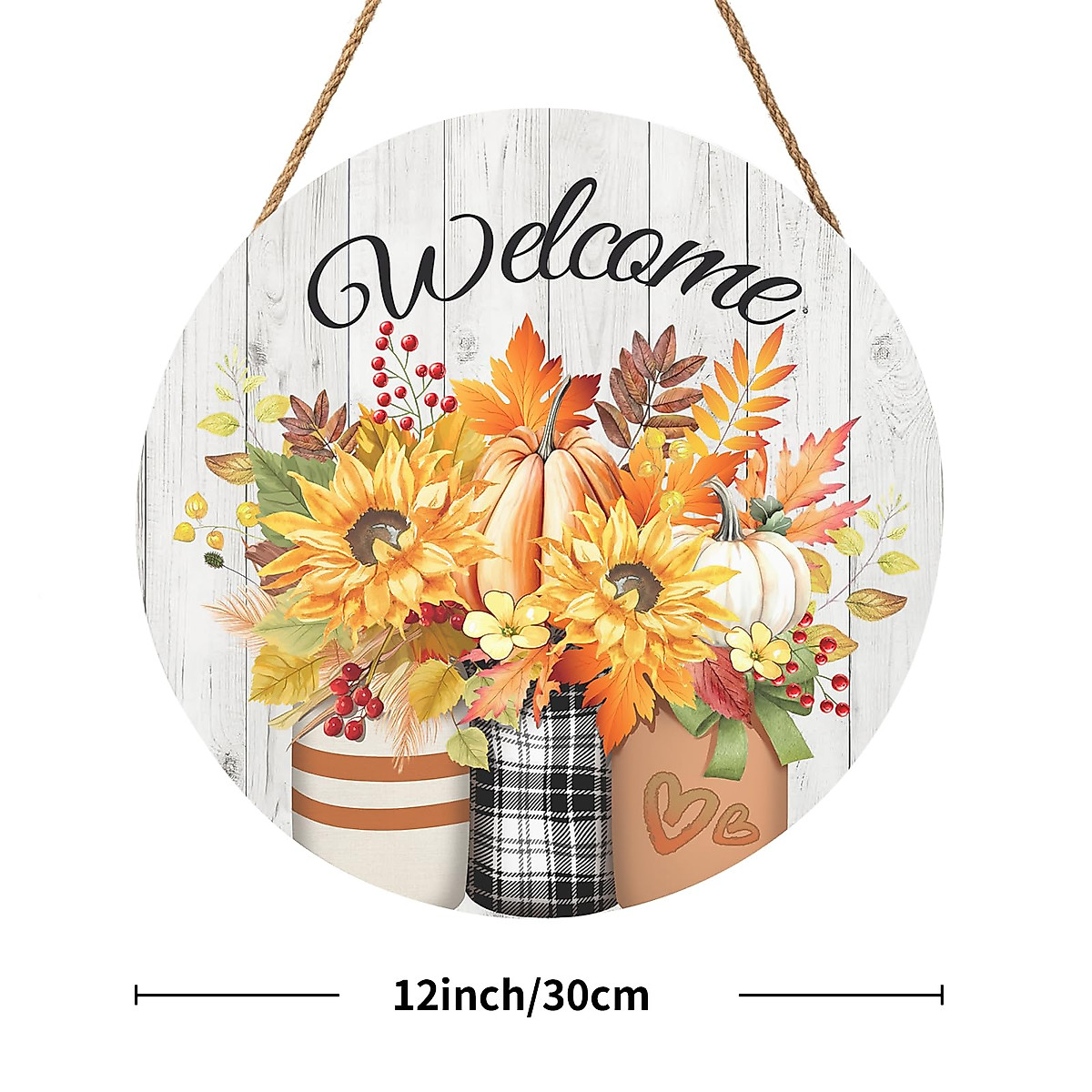 Fall Welcome Sign Door Sign 12"x12" Rustic Fall Decorations Hanging Door Sign Thanksgiving Farmhouse Welcome Round Wooden Sign for Home Front Door Wall Porch Yard Garden