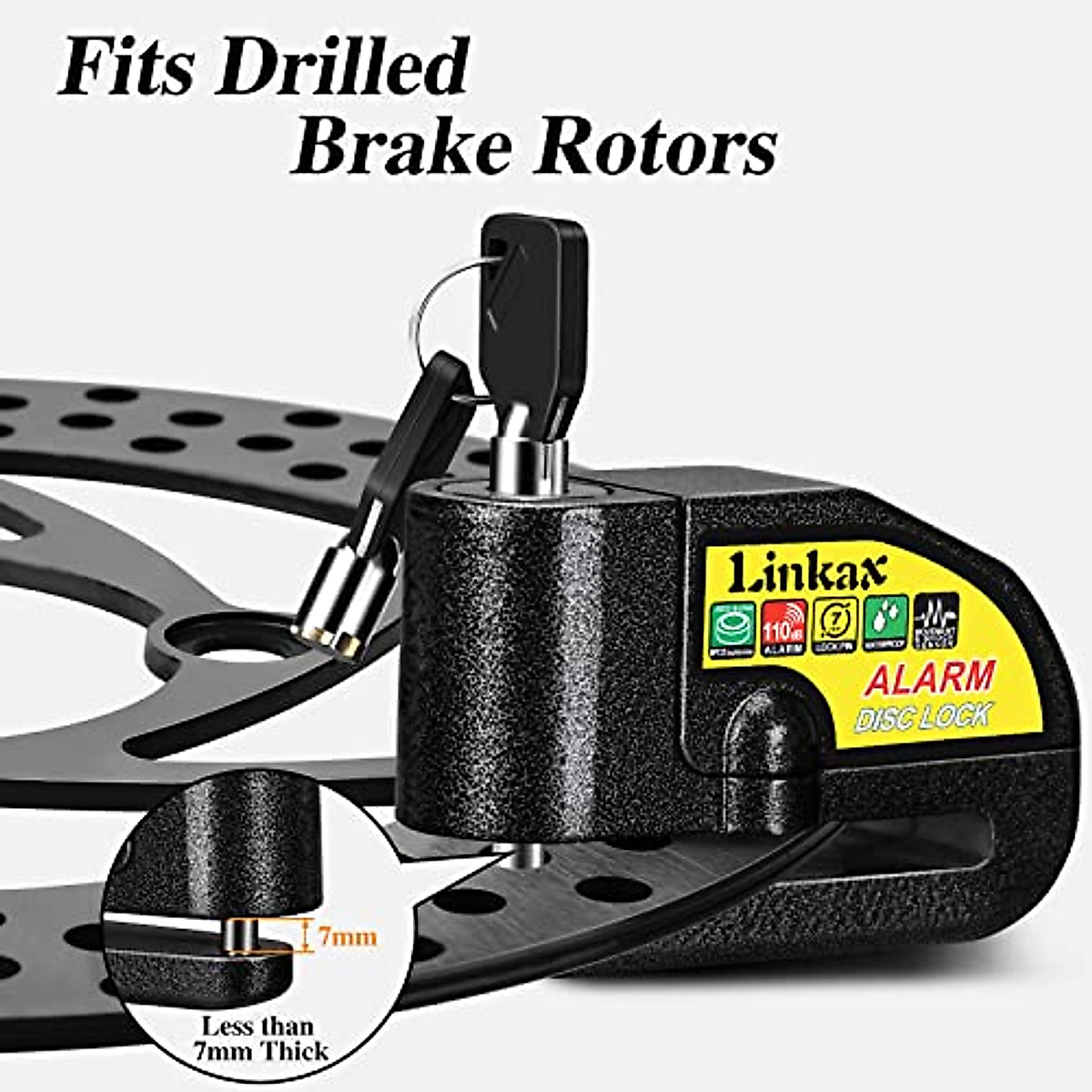 Linkax Motorcycle Alarm Disc Brake Lock, Accesorios para Motos, Motorcycle Locks Anti-Theft Security Wheel Lock 110dB 7mm Pin with Reminder Cable and Carry Pouch for Motorbike Dirt Bike Scooter