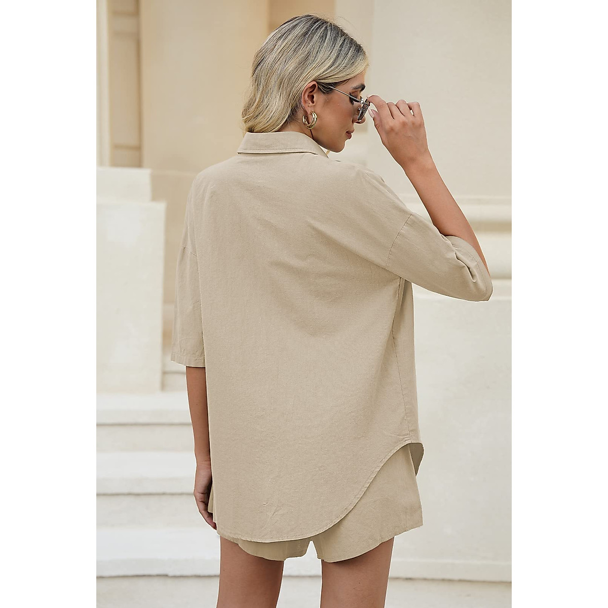 Meenew Women's 2 Piece Outfits Short Sleeve Shirt and Shorts Set Button Down Lounge Set Sweatsuits Pajama Set L Light Khaki