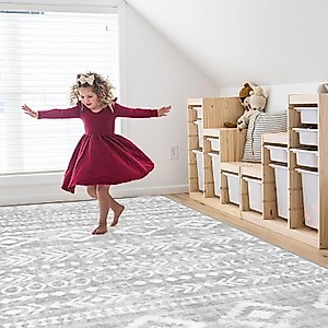 Lahome Boho Moroccan Area Rugs 5x7, Washable Grey Rugs for Bedroom Non-Slip, Low-Pile Soft Tribal Print Living Room Rug, Non-Shed Neutral Geometric Indoor Carpet for Office Playroom Dining Room