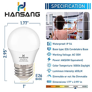 hansang Refrigerator Light Bulb E26 Base, 60Watt Equivalent, 5000K Daylight, Watreproof Appliance Fridge Bulbs, A15 LED Small Light Bulb Frigidaire Freezer Bulbs, 120V, 600LM, 2 Pack, Non-Dimmable