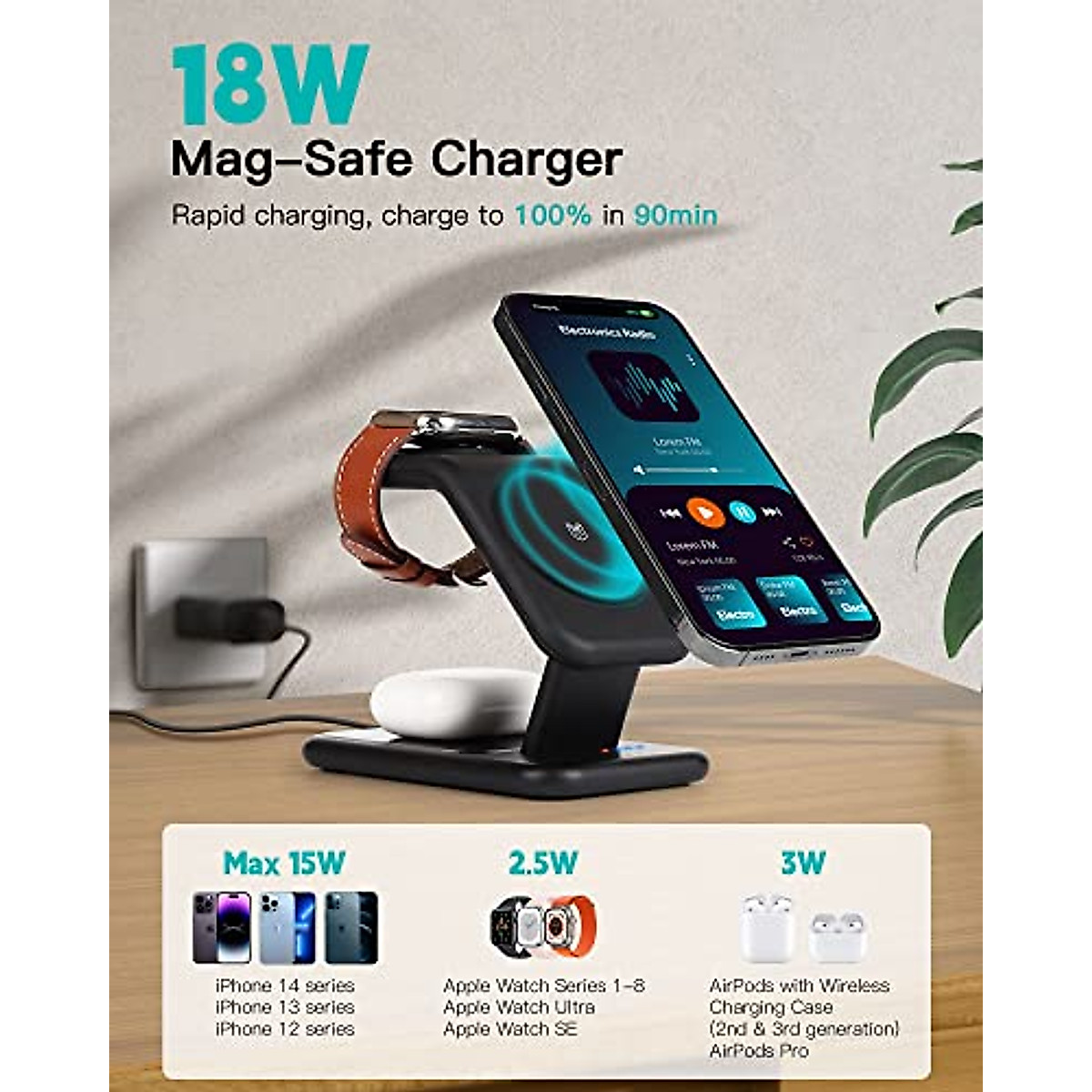 3-in-1 MagSafe Charger Stand, 18W Fast Magnetic Charger for iPhone 14, 13 & 12 Series - Apple Watch & AirPods, Wireless Charging Station for Multiple Devices with Adapter and LED