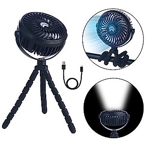 AYL Portable Fan Battery Operated, Small Stroller Fan with Lights USB Rechargeable 360° Rotate Flexible Tripod Clip On Fan, Handheld Cooling Mini Fan for Travel, Car Seat, Camping, and Bedroom (Black)