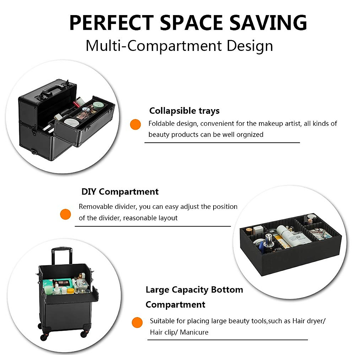 mefeir 2 in 1 Rolling Makeup Train Case, Travel Makeup Organizer Cosmetic Display Case, Aluminum Cosmetology Supply Suitcase on Wheels, Beauty Storage Luggage Lockable w/4 Removable Wheels (Black)