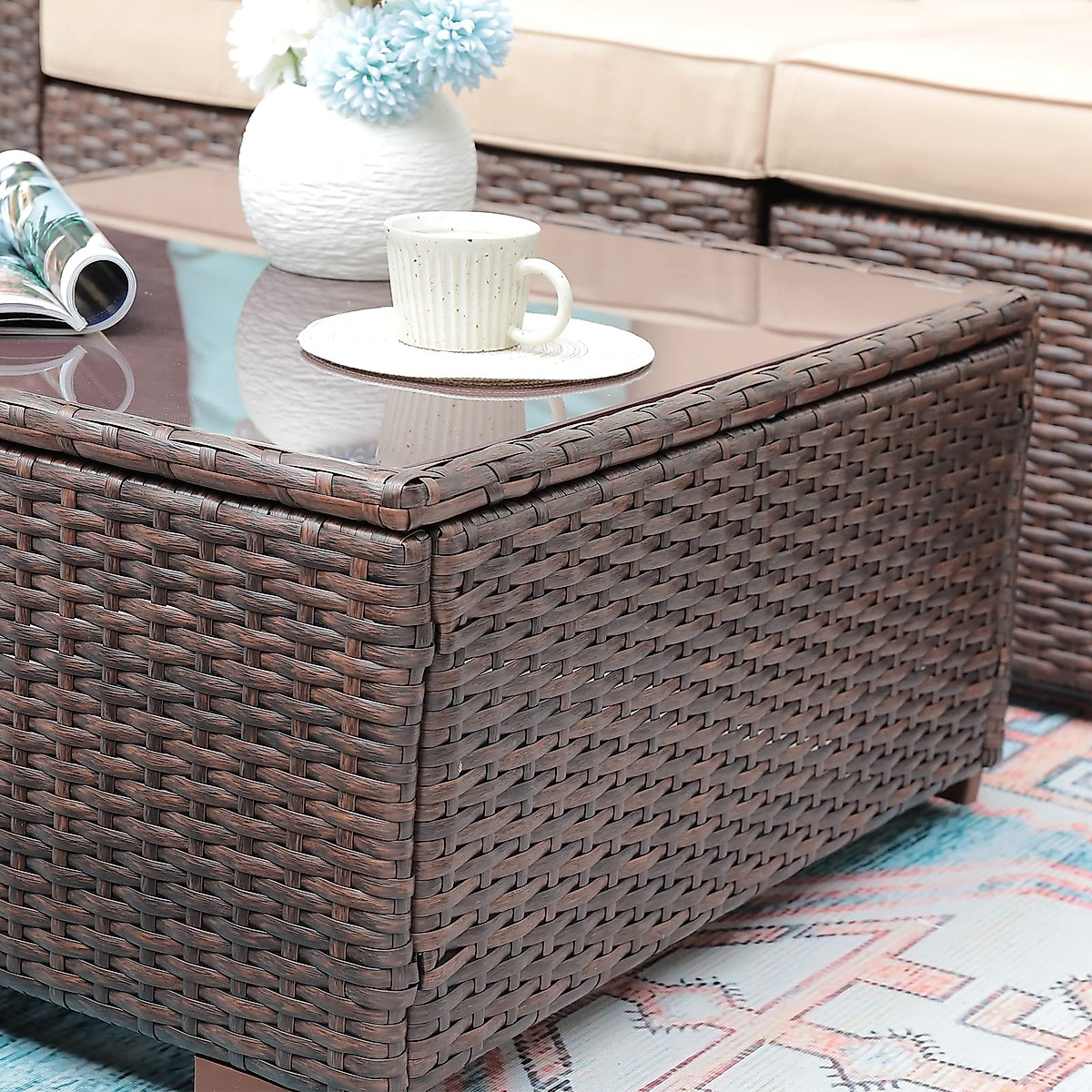Super Patio Outdoor Patio Furniture Set, 5pc PE Wicker Rattan Sectional Furniture Set with Cushions and Coffee Table, Brown