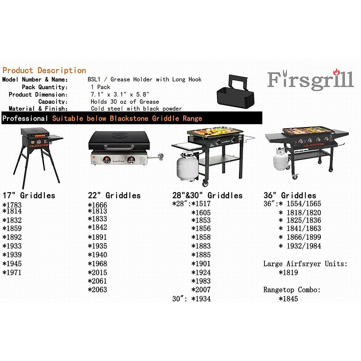 Firsgrill Professional Replacement Blackstone Griddle 17, 22, 28, 30 & 36 inches Grease Cup Foil Tray pan (BSL13)