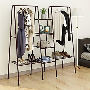 JURMERRY Large Clothes Rail Clothing Rack Stand, Metal Garment Rack Coat Stand Top Rod Metal with Shoes Shelves,Bronze