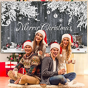 Christmas Wood Photography Backdrop Merry Christmas Santa Claus Gifts Background Rustic Barn Snowflakes Photo Background for Winter Holiday Home Decor Xmas Party Photography Props, 73 x 43 Inches