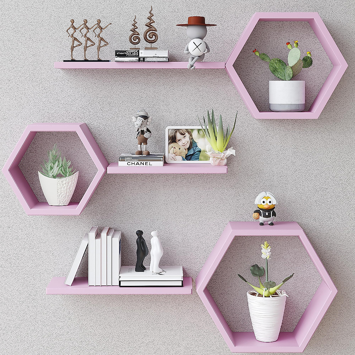 LUDORU Wooden Hexagon Floating Shelves Wall Mounted,Set of 6 Pine Hexagon Shelves Display for Photos,Plants,Rustic Honeycomb Shelves for Living Room,Bedroom,Bathroom, Kitchen, Office Decor, Pink