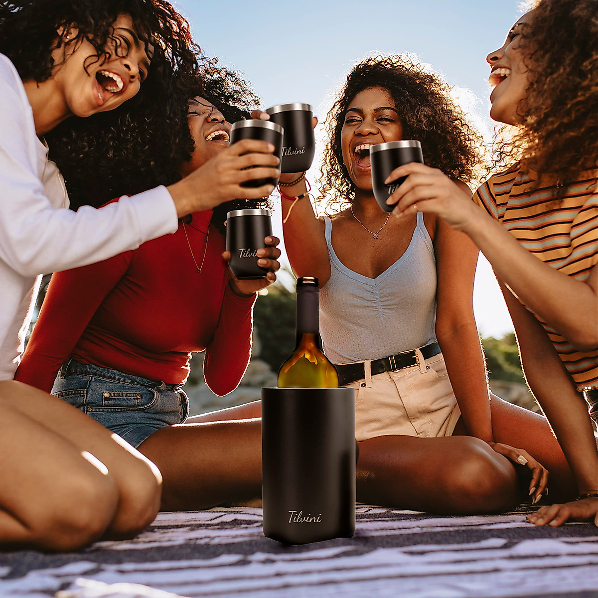 Insulated Wine Chiller Bucket & Wine Tumblers Silk Gift Box Set. Portable Wine Bottle Chiller For Picnic, Entertaining. Love Is Blind Wine Gift For Couples. Champagne Ice Bucket Outdoor Wine Glasses