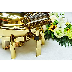 HONHPD Luxury 6.8 Liters Roll Top Round Golden Chafing Dish, Chaffing Server Set Buffet, Stainless Steel Buffet Chafer with Glass Lid, Chafers and Buffet Warmers Set for Catering, Parties(Upgraded