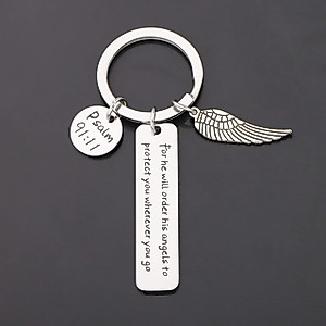 CHOORO Bible Verse Keychain for He Will Order His Angels to Protect You Wherever You Go Religious Jewelry Christian Gift (Keychain)