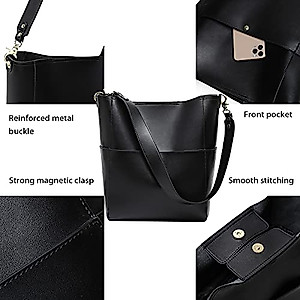 Seammer Genuine Leather Bucket Handbags for Women Large Designer Hobo Shoulder Handbag Purse Black