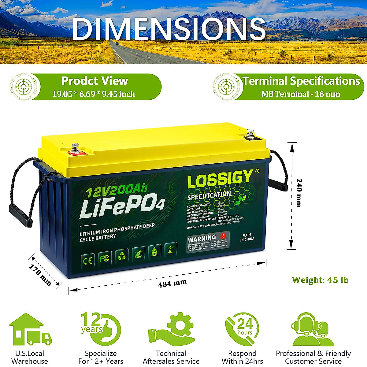 LOSSIGY 12V 200AH LiFePO4 Lithium RV Battery, Perfect for Solar System, Marine, 2560Wh 5000+ Deep Cycles, Built in BMS with 10 Yrs Lifespan