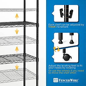 Fencer Wire 4/5-Tier Adjustable Height Wire Shelving Unit, Garage Shelving Storage Organizer, Wire Rack Shelving, Metal Steel Storage Shelf, Utility Storage Shelf with Leveling Feet and Wheels, Black
