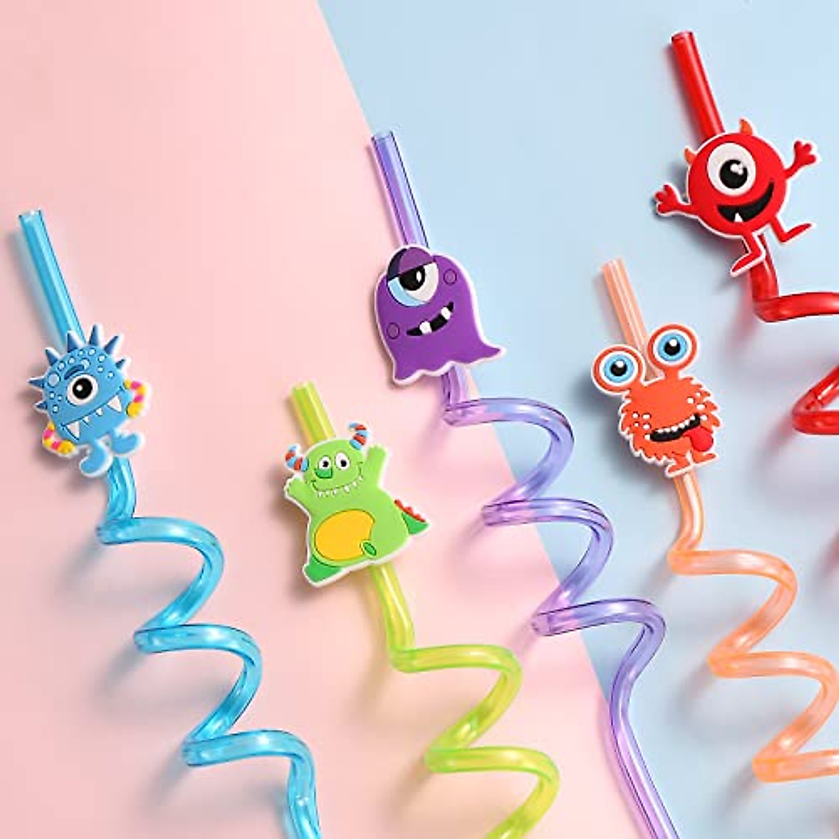 AFZMON 24 PCS Monster Drinking Straws Reusable Plastic Beverages Cocktail Straw with Cartoon Decoration for Kids Monster Party Supplies for Birthday Party Favors
