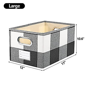 LaMorée Storage Bin Cotton Linen Fabric Basket Box Washable Foldable Decorative Rectangular Container with Handles Label Window Thick PP Plastic Board For Nursery Home Office - Black Plaid, Large Size
