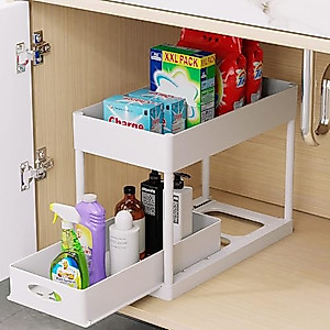 PUILUO Under Sliding Cabinet Basket Organizer, 2 Tier Under Sink Organizers White Under Sink Storage for Bathroom Kitchen