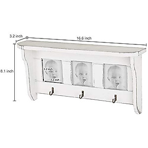 MyGift 16-Inch Wall-Mounted Vintage White Wood Entryway Display Shelf with 3 x 3 Picture Frames & Key Hooks