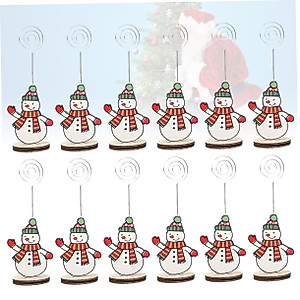 DOITOOL 12Pcs Christmas Place Card Holders, Christmas Wood Place Card Holders with Swirl Wire, Christmas Snowman Note Photos Stand for Xmas Party Wedding Party Decoration (Snowman)
