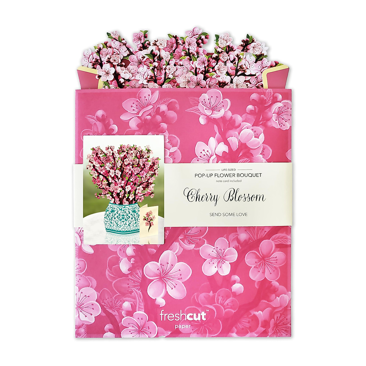 Freshcut Paper Pop Up Cards, Cherry Blossoms, 12 inch Life Sized Forever Flower Bouquet 3D Popup Greeting Cards with Note Card and Envelope - Cherry Blossoms