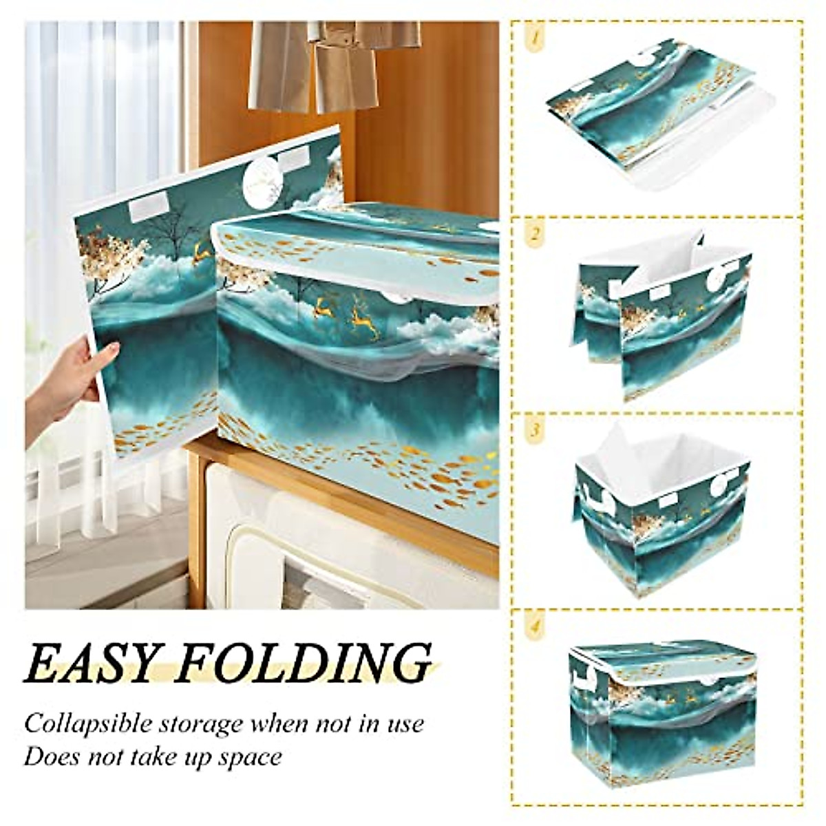 RunningBear 3d Illustration Deer Forest Large Storage Bins with Lid Collapsible Storage Bin Cubes Boxes Cute Bin for Home Office