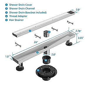 ZEKOO Linear Shower Drain 24 Inch, 2 in 1 Brushed Nickel Shower Drain, 304 Stainless Steel Linear Drain with Tile Insert Grate, Rectangle Shower Floor Drain