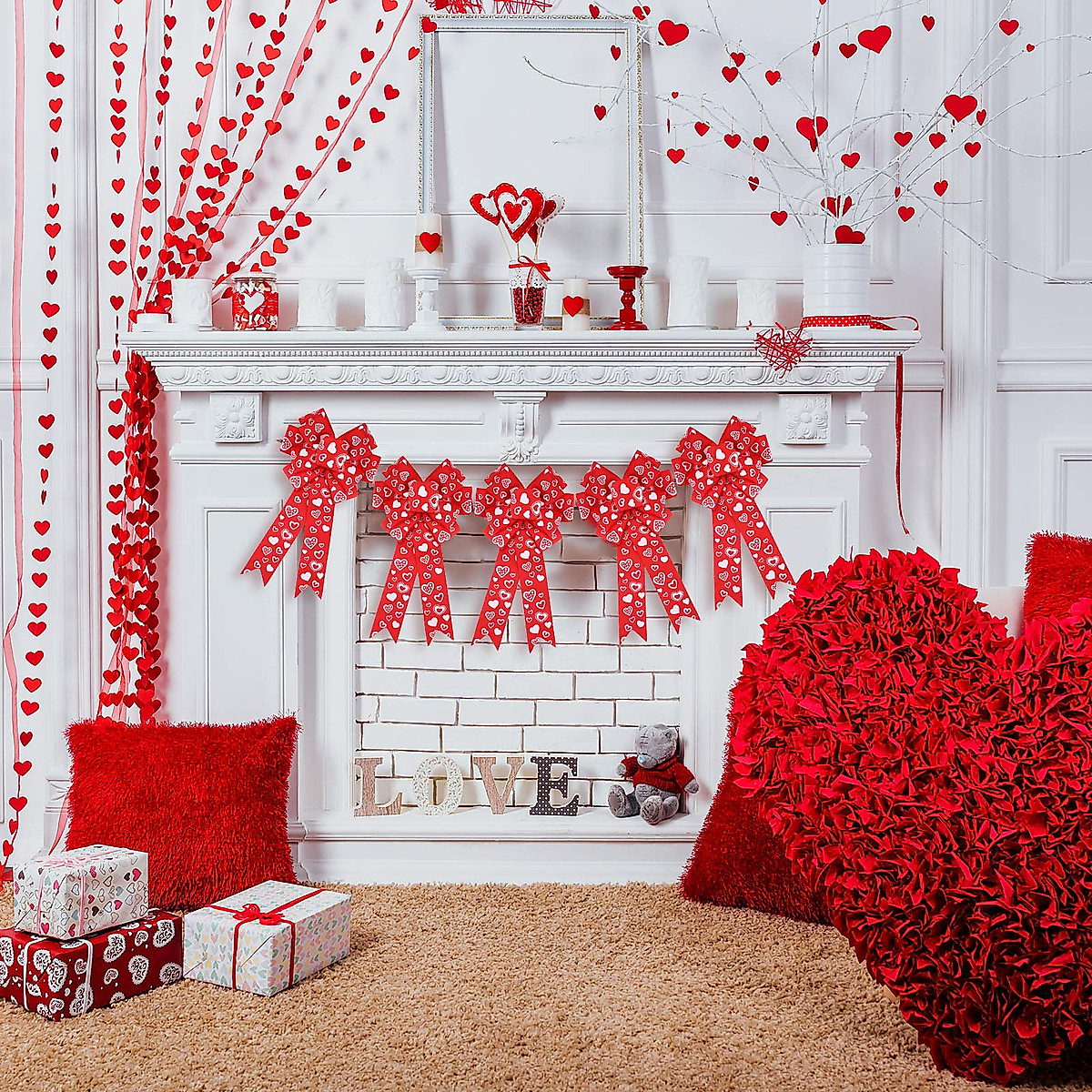 6 Pieces Valentine's Day Bows Decoration 5.9 x 11.8 Inches Red and White Heart Printed Bow for Valentine's Day Crafts DIY Bow Decoration