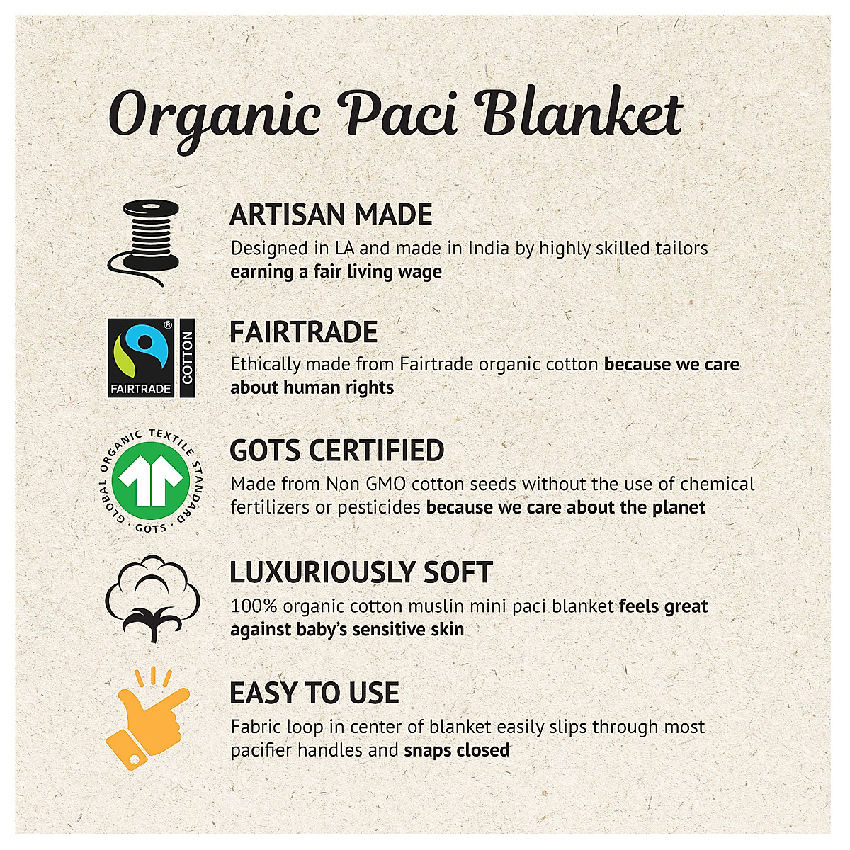 Kishu Baby Indi Organic Paci Blanket - Fairtrade & GOTS Certified 100% Organic Cotton Muslin Mini Baby Blanket with Snap to Secure Baby Pacifier - Pacifier Not Included (Lavender)