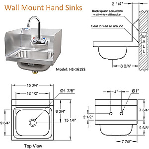 GSW HS-1615S Standard 16" x 15" Commercial Stainless Steel Wall Mount Hand Sink with Gooseneck Faucet and Side Splashguards for Restaurants, Kitchens, Garages, Bars