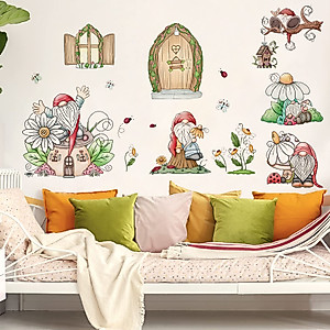 Mfault Spring Summer Garden Gnomes Daisy Flower Wall Decal Sticker, Farmhouse Mushroom Bird Nursery Decoration Kids Bedroom Living Room Art, Neutral Ladybug Butterfly Tree Branch Home Kitchen Decor