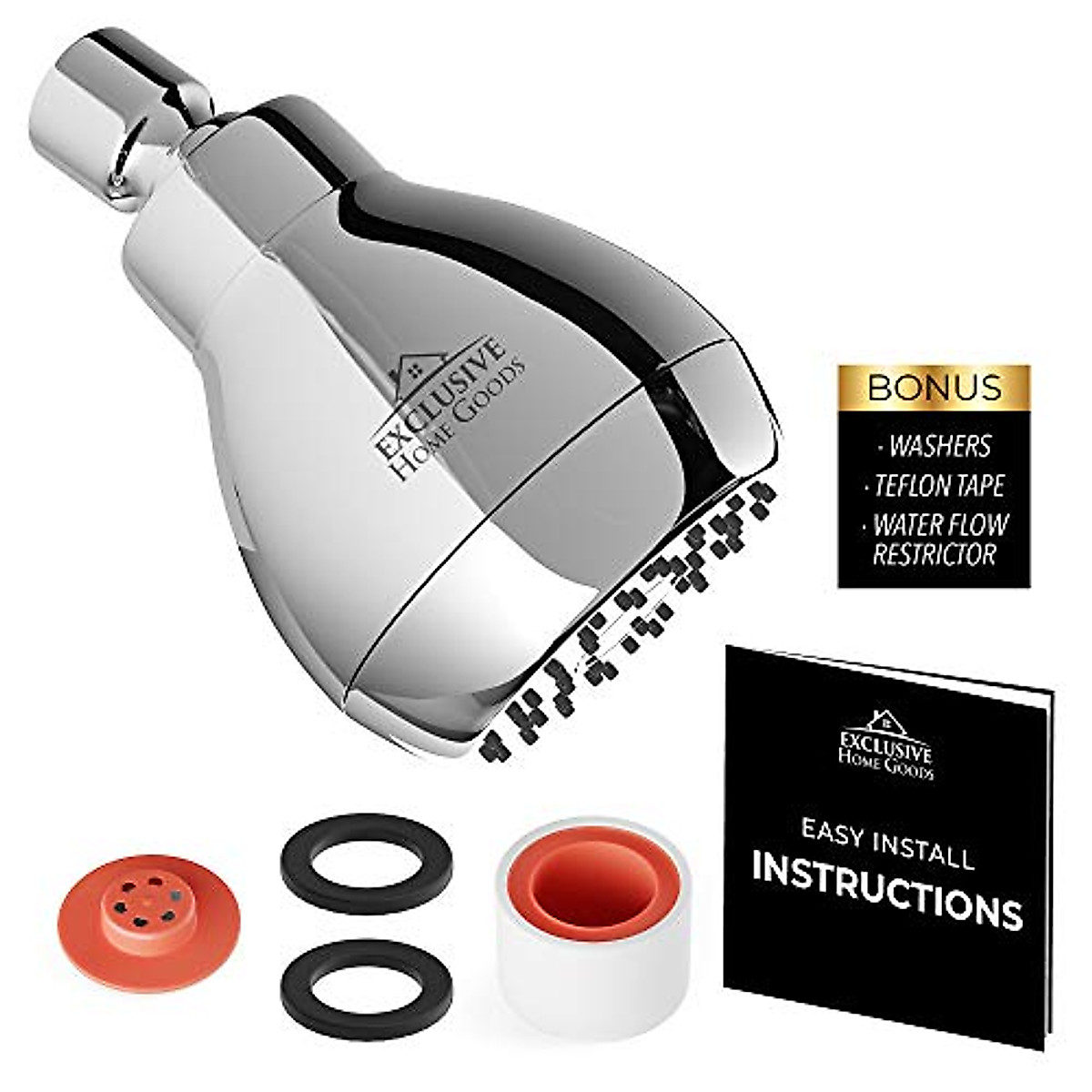 High Pressure Shower Head - Chrome - Powerful Deluxe Bathroom Showerhead with Strong Spray Stream and Small Silicone Nozzles - Universal Fit Works with High and Low Water Flow Showers-2.5 GPM