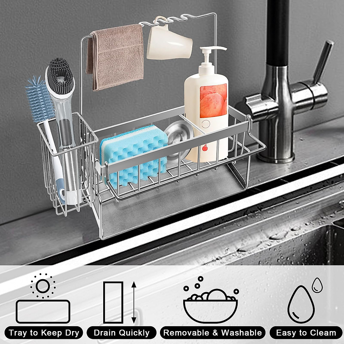 Yazoni 4 in 1 Sponge Holder for Kitchen Sink, Sponge Holder + Brush Holder + Dishcloth Hanger + Sink Stopper Holder with 2 Installation Ways, No Drilling Adhesive Sink Caddy Kitchen Sink Organizer