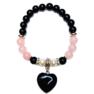 Onyx Heart Charm Bracelet GENUINE NATURAL STONES Handmade Bracelet Black Onyx Pearls Rose Quartz Powerful HEART CHAKRA Stone Birthstone Bracelet USA HANDMADE