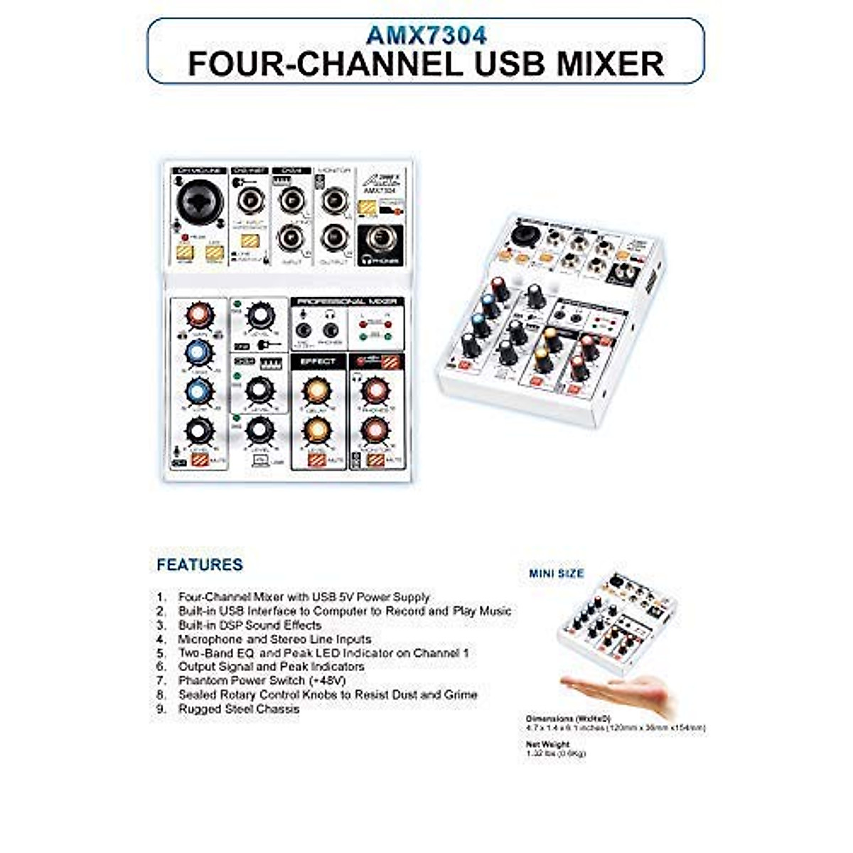 Audio2000'S AMX7304 USB-Powered Four-Channel Audio Mixer with USB Interface and Sound Effect