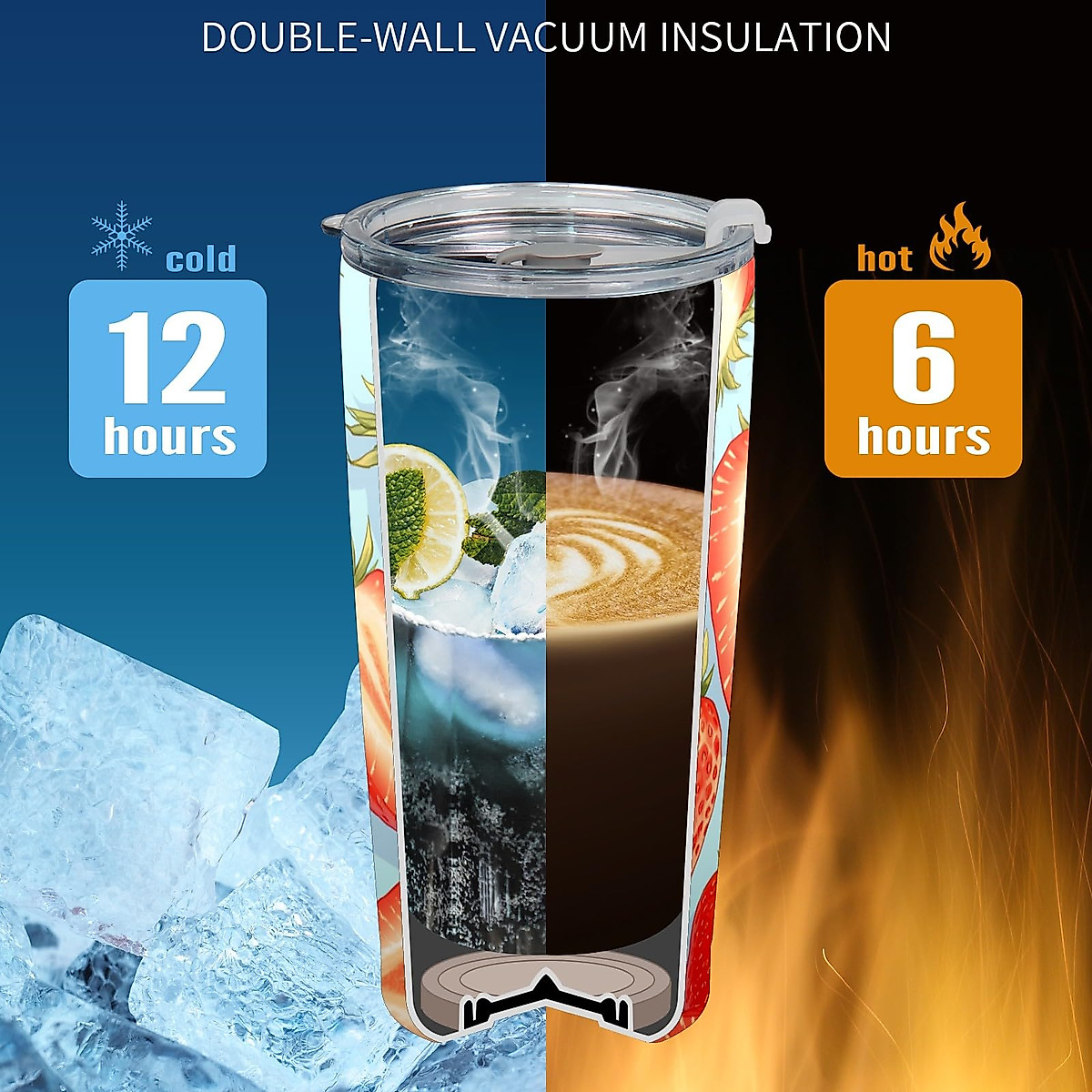 QWEUIOP 20oz Insulated Travel Coffee Mug Fruits Strawberry Stainless Steel Tumbler with Lid Double Wall Vacuum Coffee Cup For Hot and Cold Drinks14577