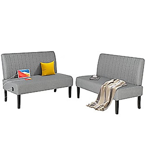 STHOUYN 43" W Mini Small Comfy Couch Armless Loveseat Sofa for Bedroom with USB Port, Velvet Small Couches for Small Spaces Living Room, Apartment Office Dorm (Grey)